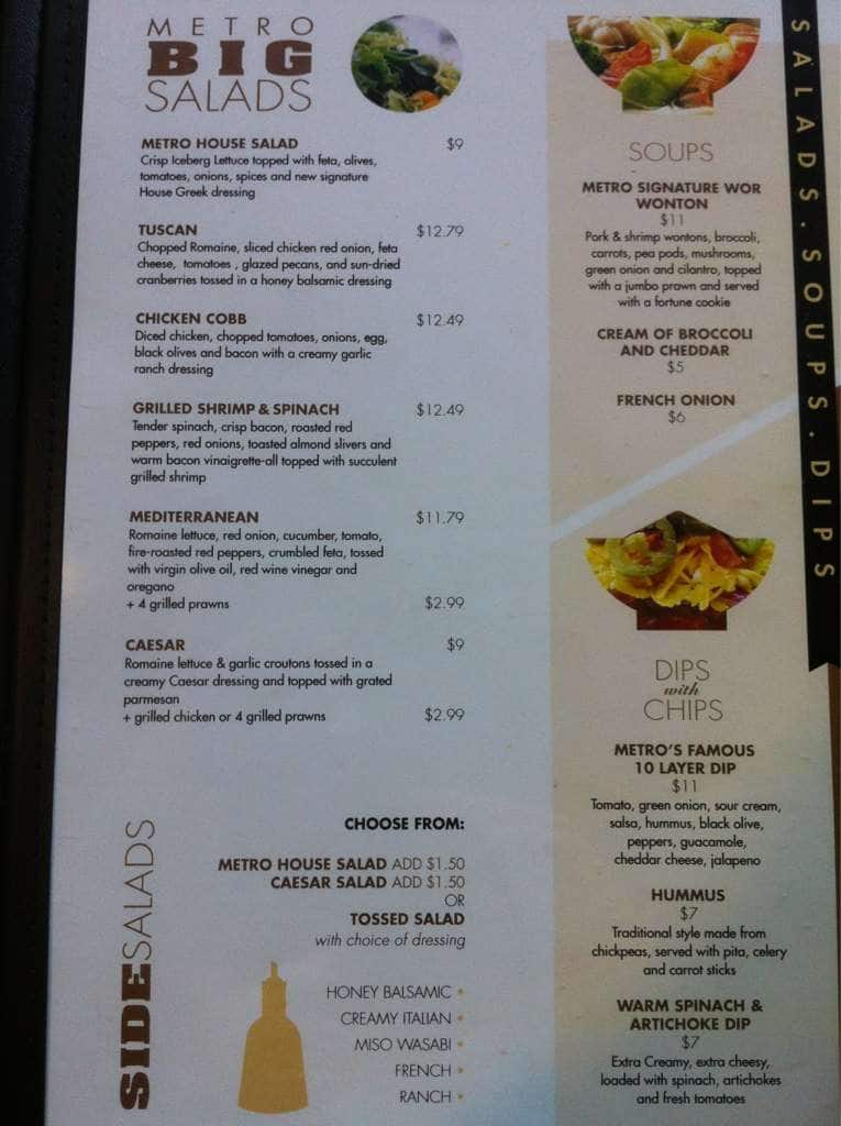 Menu at The Metro pub & bar, Edmonton