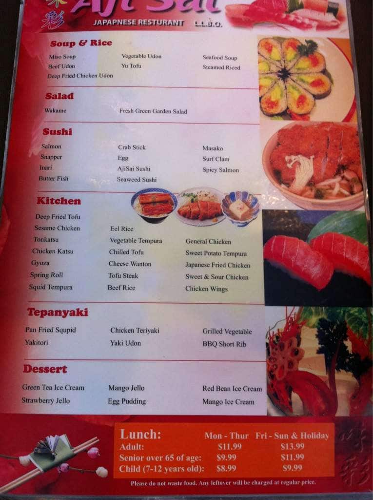 Menu at Aji Sai restaurant, Barrie