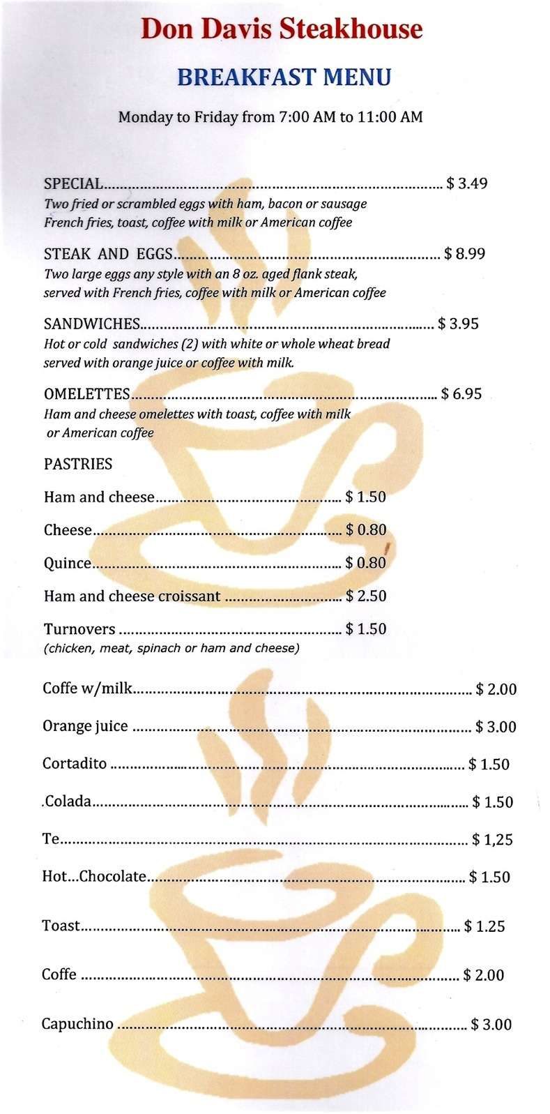 Menu at Don Davis Steakhouse, Doral