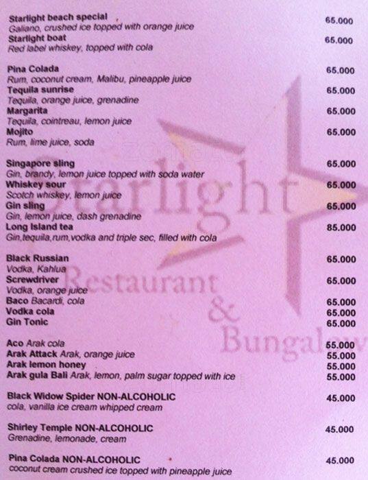 Menu at Starlight Hotel Lovina restaurant, Buleleng