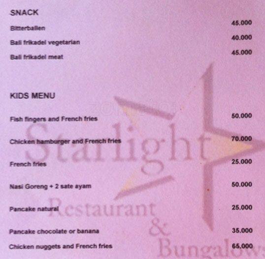 Menu at Starlight Hotel Lovina restaurant, Buleleng