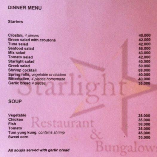 Menu at Starlight Hotel Lovina restaurant, Buleleng