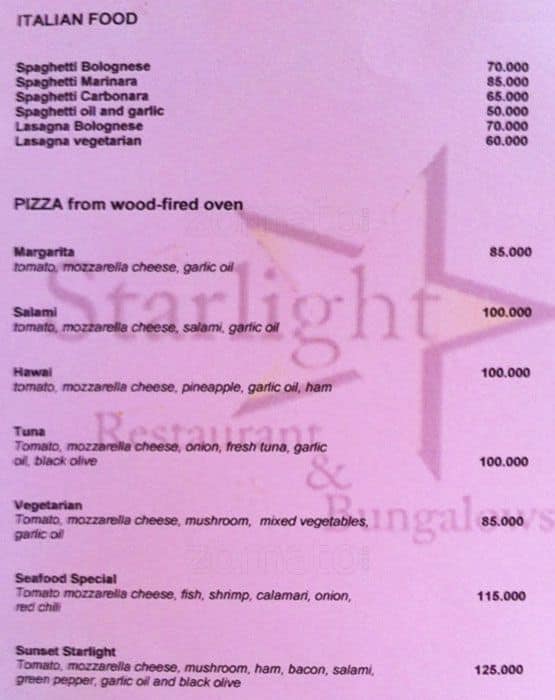 Menu at Starlight Hotel Lovina restaurant, Buleleng