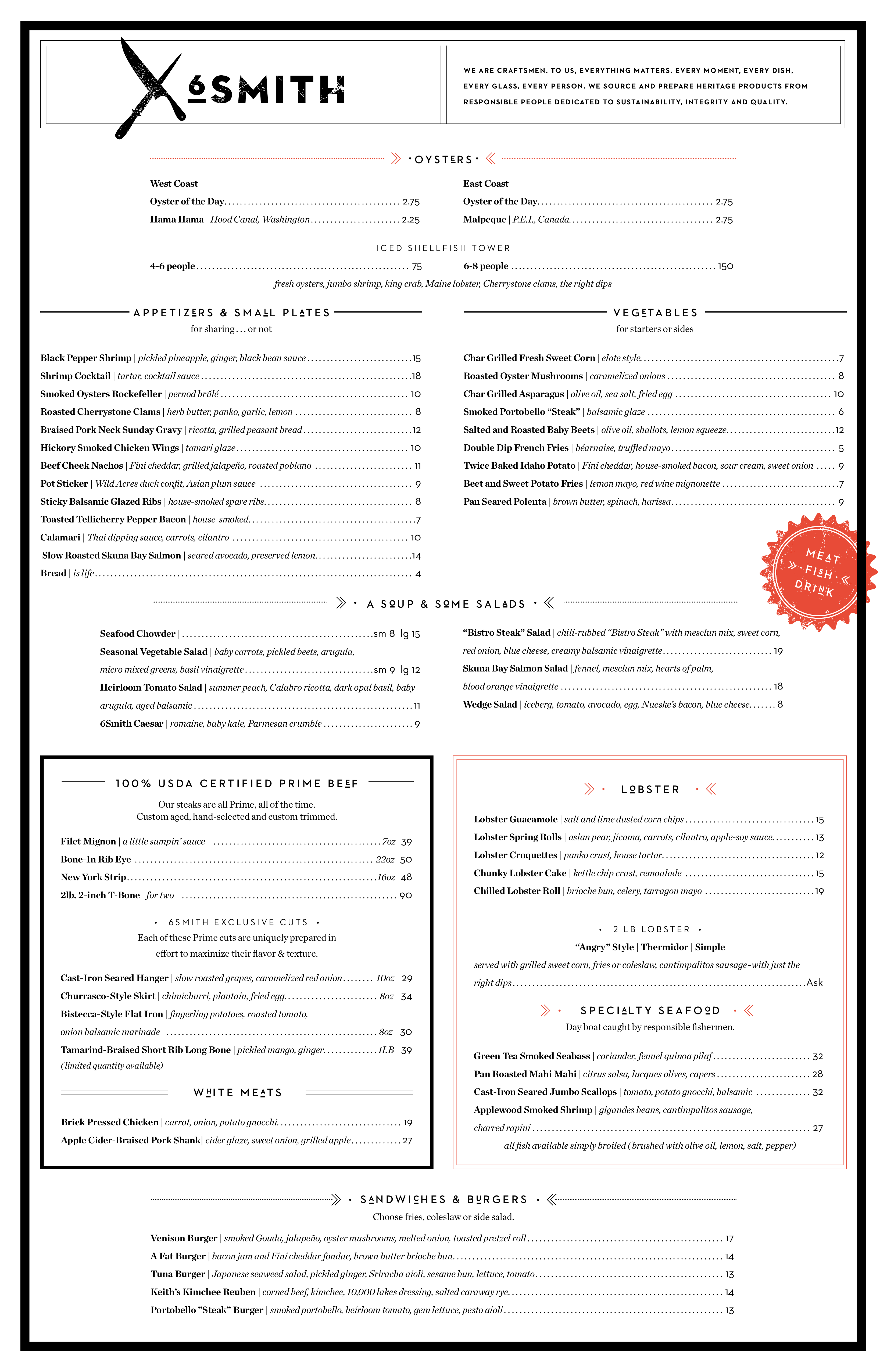 Menu at 6Smith restaurant, Wayzata