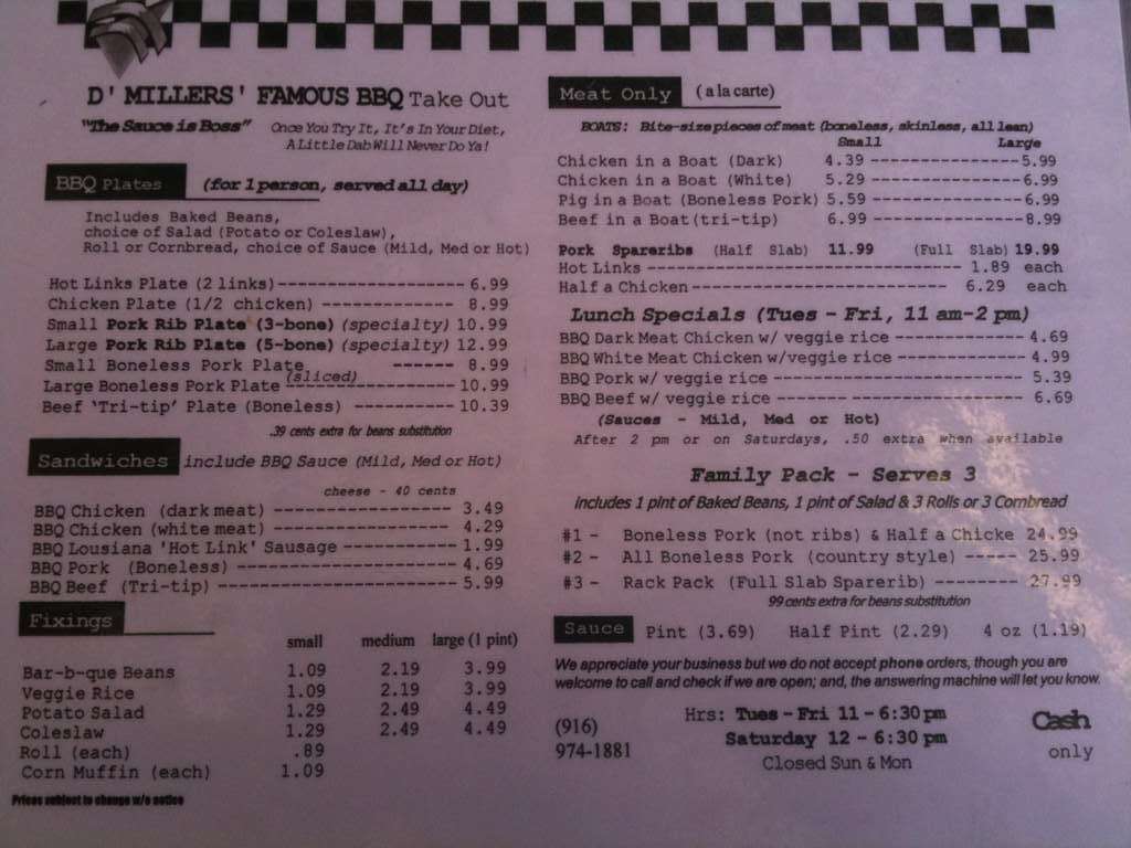 Menu at D'Miller's Famous BBQ, Carmichael