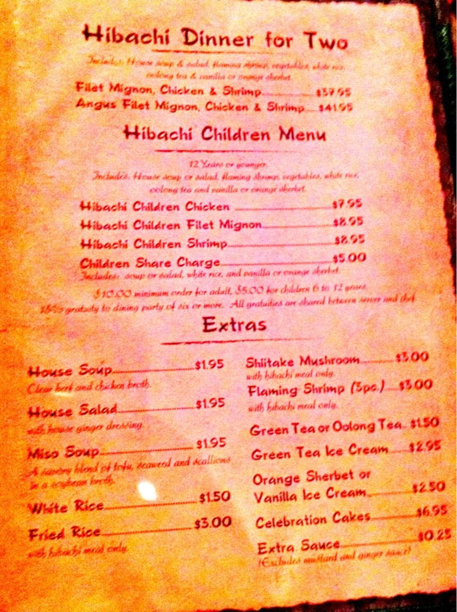 Menu at Nakashima of Japan restaurant, Appleton