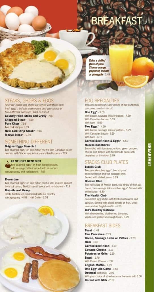 Menu at Stacks restaurant, Connersville