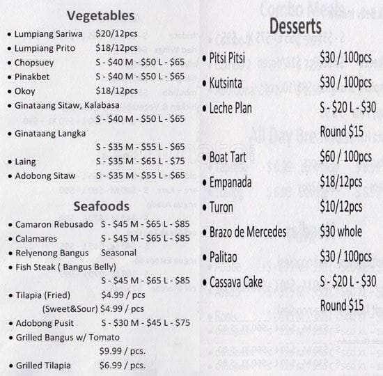 Menu at Handaan Filipino Cuisine restaurant, Mississauga
