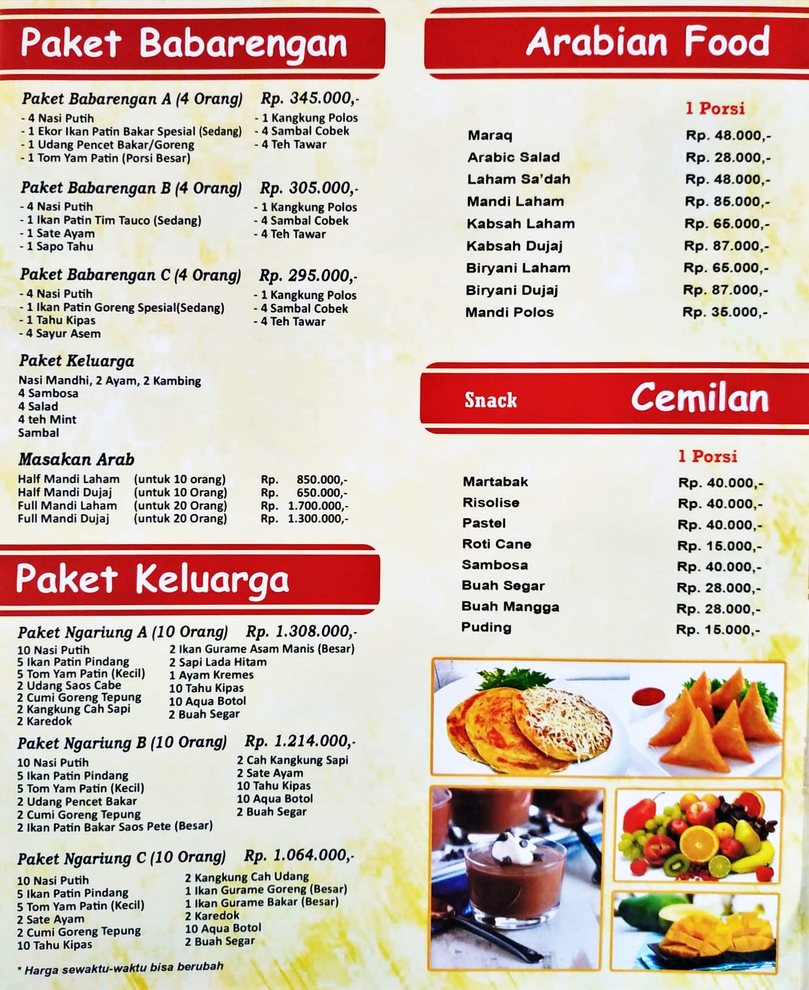 Menu at Rumah Makan Raden Bahari restaurant, South Jakarta