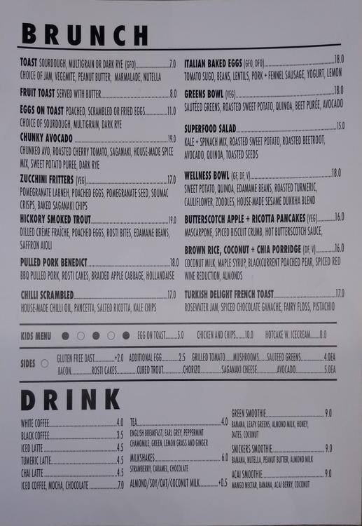 Menu at The Faculty cafe, Hawthorn