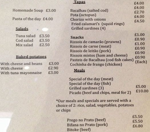 Menu at Max Snack Bar, London, 18 Brixton Station Rd