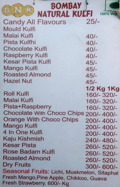 Menu at Bombay Natural Kulfi, Hyderabad, 11 - 5 - 103 Bazar Ghat Cross ...