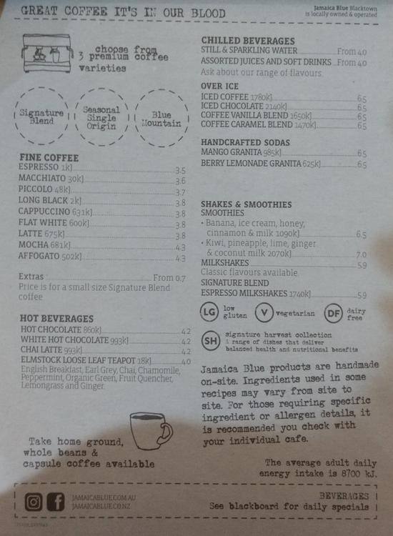 Menu at Jamaica Blue cafe, Blacktown, 17 Patrick St