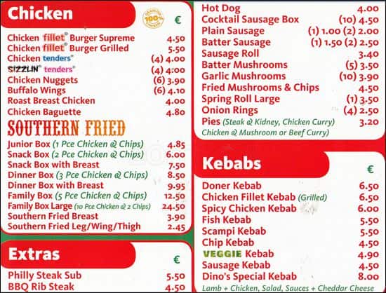 Menu at Dino's Terenure Take-Away fast food, Dublin