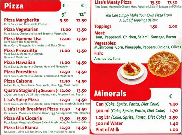 Menu at Dino's Terenure Take-Away fast food, Dublin
