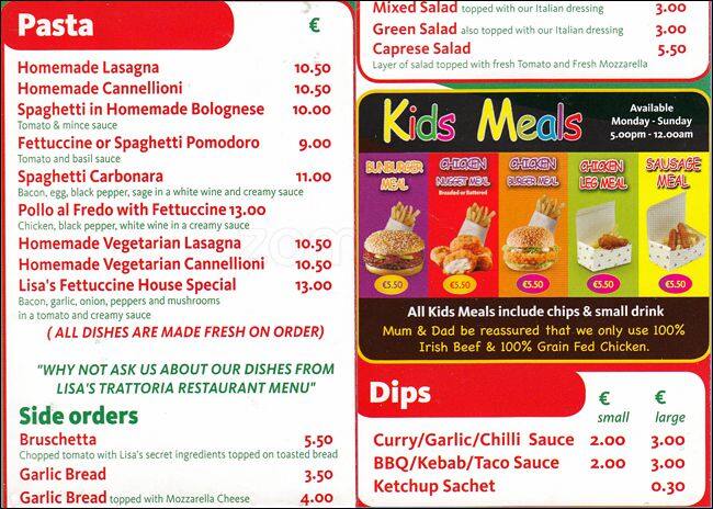Menu at Dino's Terenure Take-Away fast food, Dublin