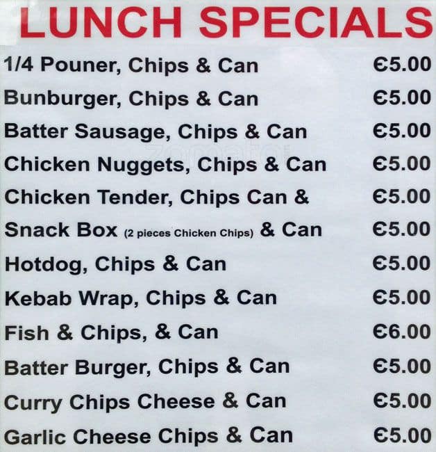 Menu at Dino's Terenure Take-Away fast food, Dublin