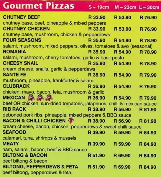 Menu at Cango Woodfired Pizza's, South Africa, Corner Tuin Street and ...