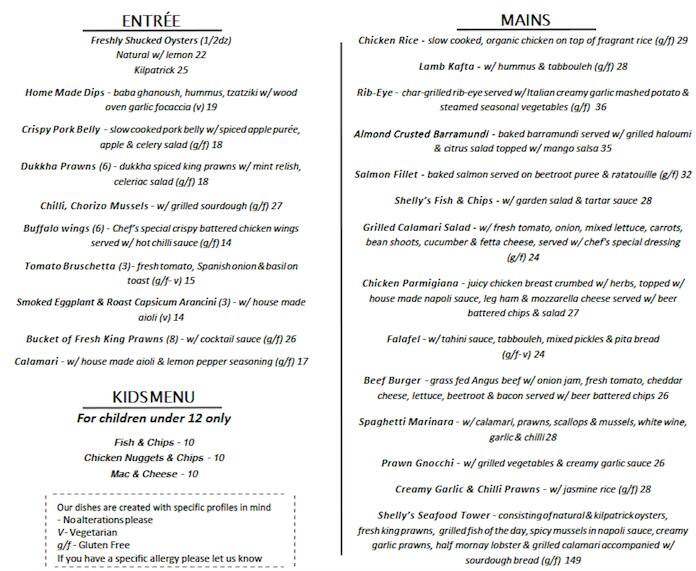 Menu at Shelly's Beach Pavillion restaurant, Williamstown