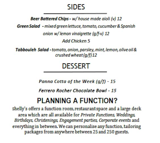 Menu at Shelly's Beach Pavillion restaurant, Williamstown