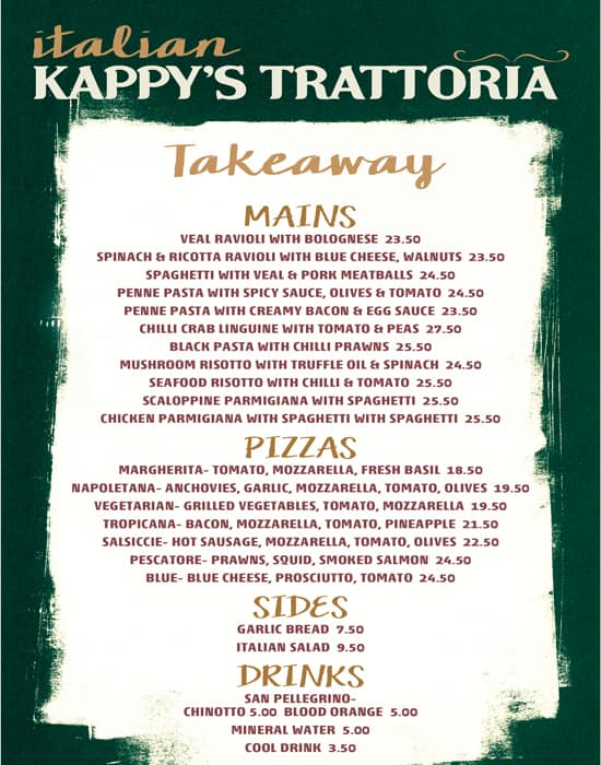 Menu at Kappy's Restaurant, Guildford