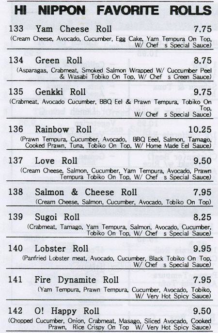 Menu at Hi-Nippon Japanese restaurant, Vancouver