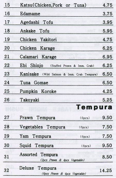 Menu at Hi-Nippon Japanese restaurant, Vancouver