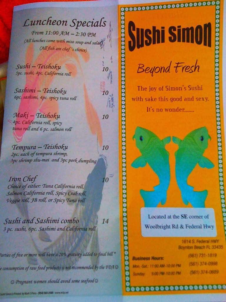 Menu at Sushi Simon restaurant, Boynton Beach