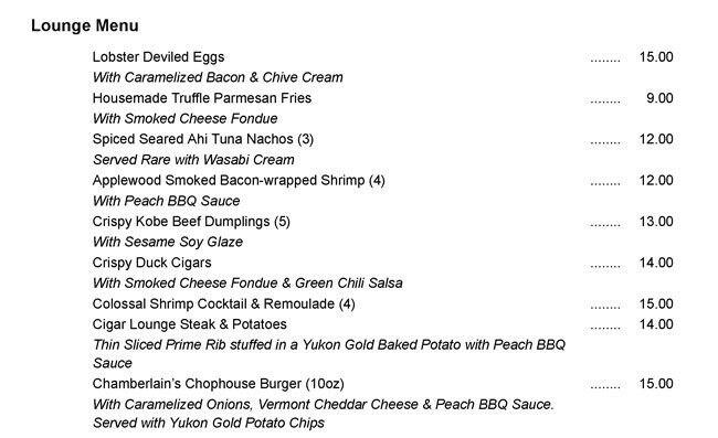 Menu at Chamberlain's Steak & Chop House pub & bar, Dallas, Belt Line Rd