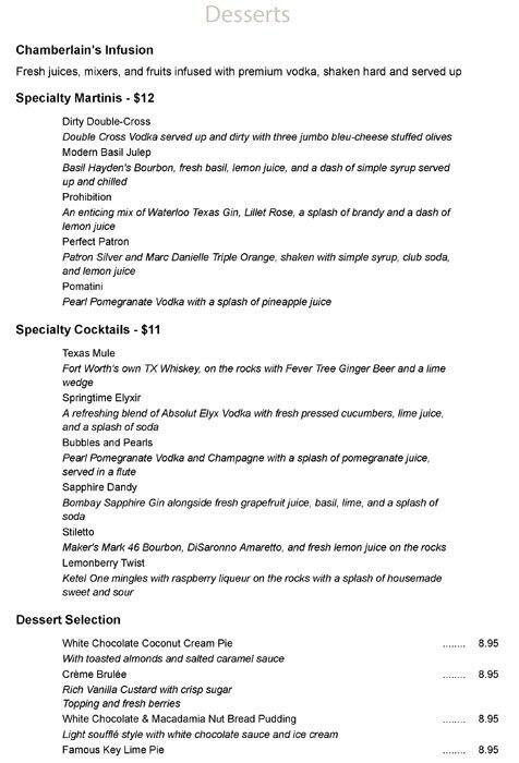 Menu at Chamberlain's Steak & Chop House pub & bar, Dallas, Belt Line Rd