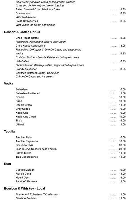 Menu at Chamberlain's Steak & Chop House pub & bar, Dallas, Belt Line Rd