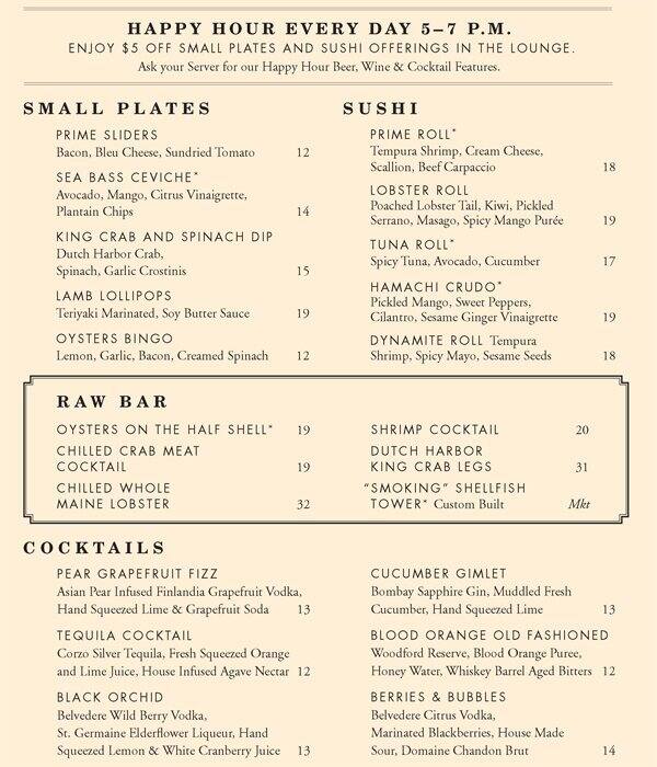 Menu at Ocean Prime steakhouse, Orlando