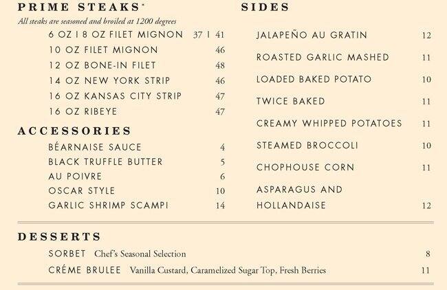 Menu at Ocean Prime steakhouse, Orlando