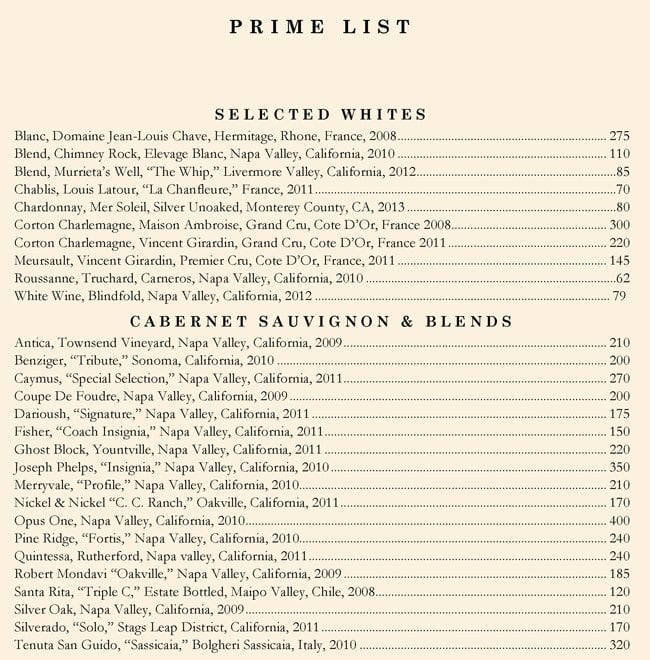 Menu at Ocean Prime steakhouse, Orlando