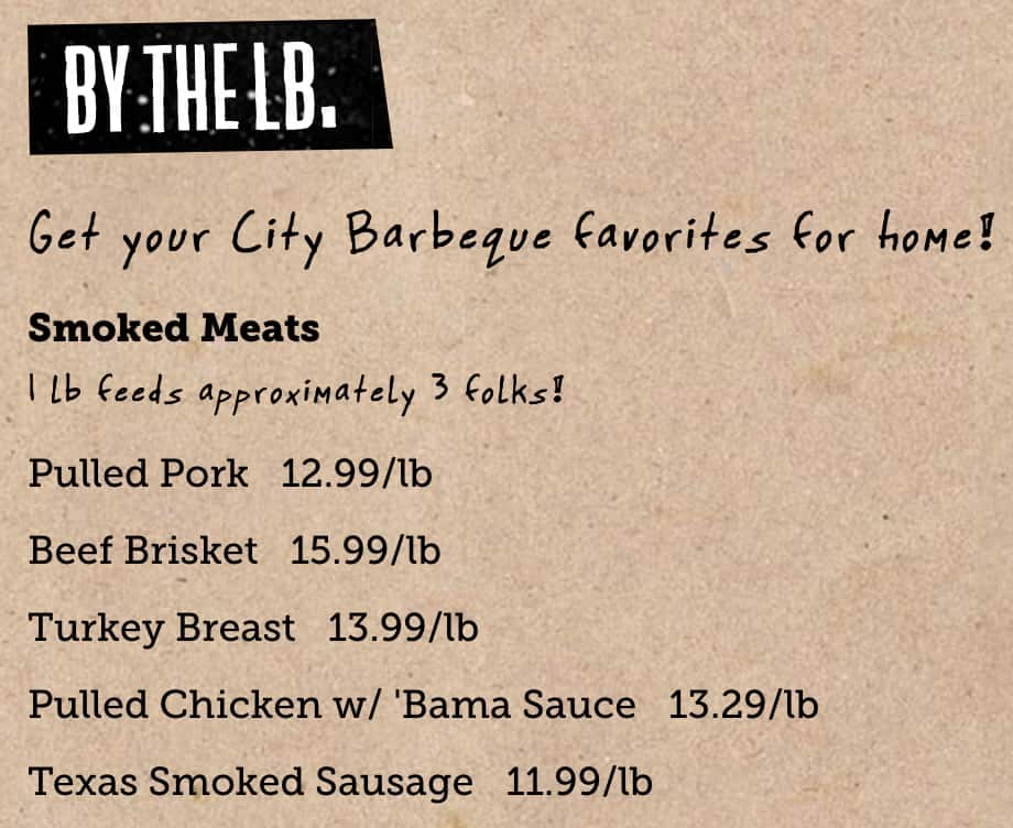 Menu at City Barbeque, Indianapolis, 621 W 11th St