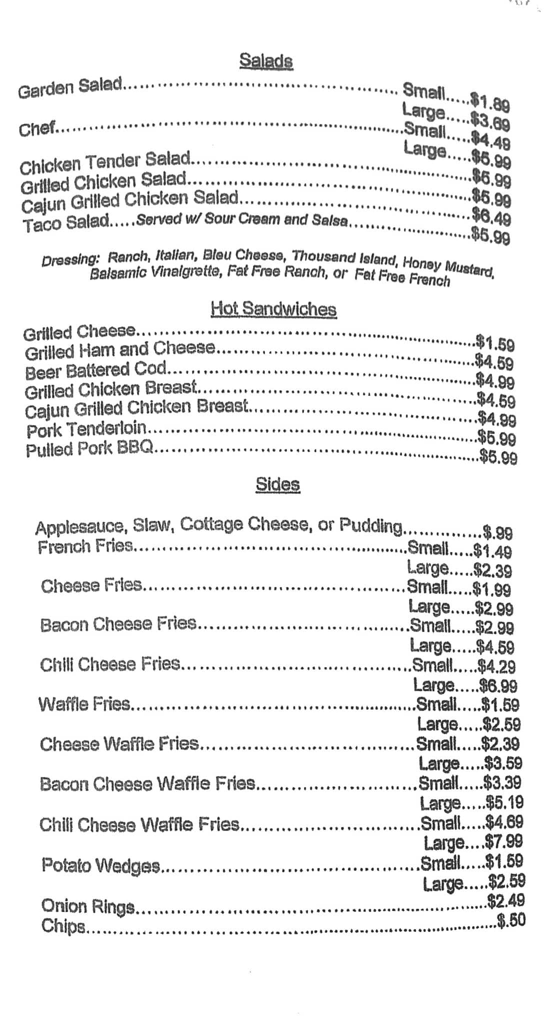 Menu at Janet's Diner pizzeria, Dillsboro