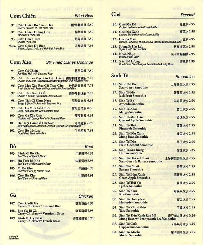 Menu at Pho DJ restaurant, Riverside