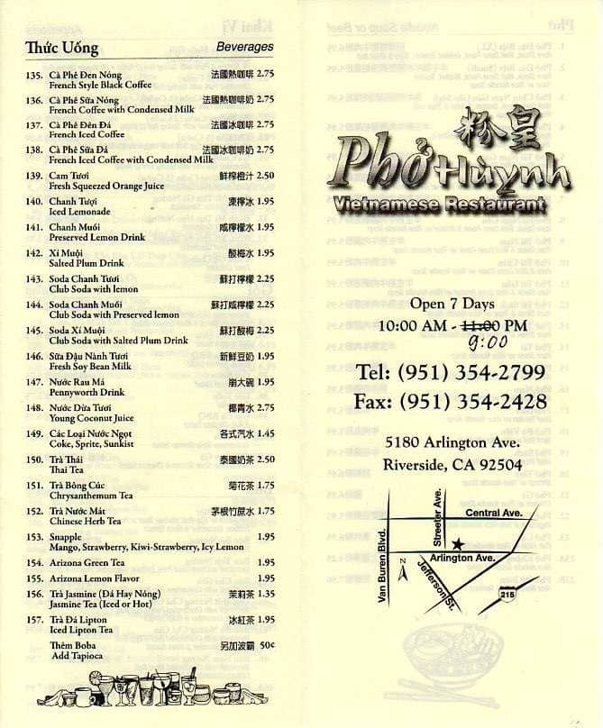 Menu at Pho DJ restaurant, Riverside