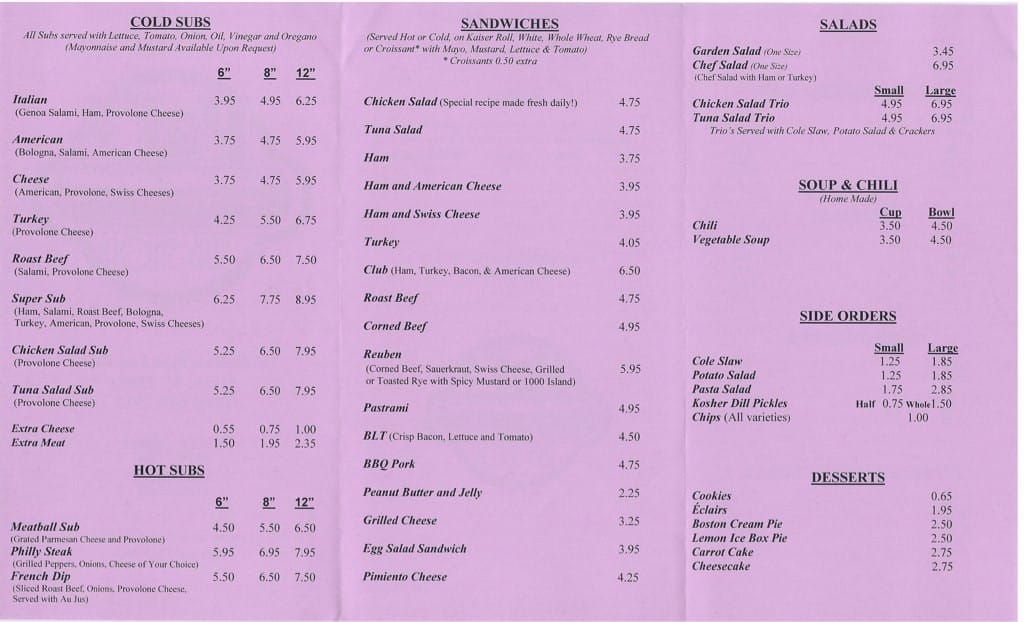 Menu at Pat's Sub Shop restaurant, Aiken, 728 E Pine Log Rd