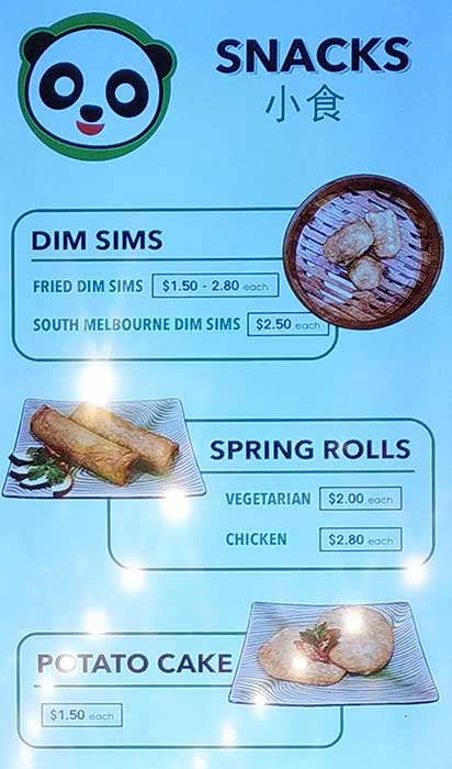 Menu at Panda Panda restaurant, Melbourne