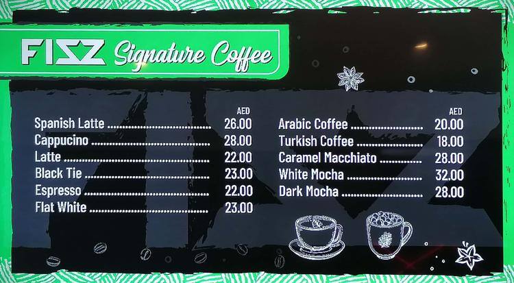 Menu of Fizz, Mussafah Sanaiya, Abu Dhabi