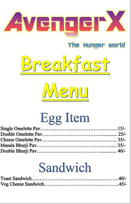 Menu of Avenger X-The Hunger World, Mira Road, Mumbai