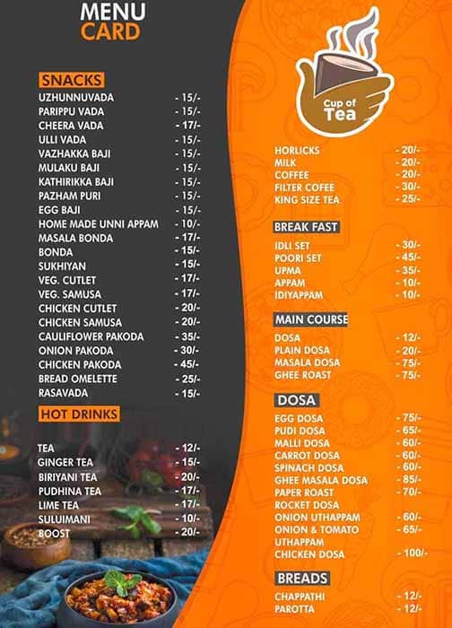 Menu of Cup Of Tea, Ambalamukku, Trivandrum