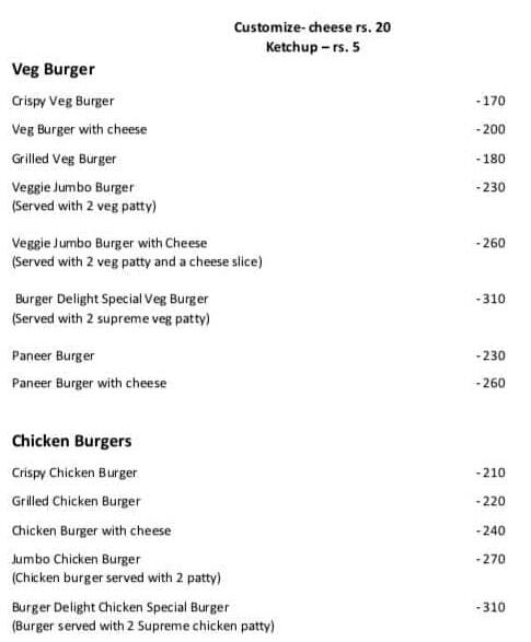Menu of Burger Heaven, Rajajinagar, Bangalore