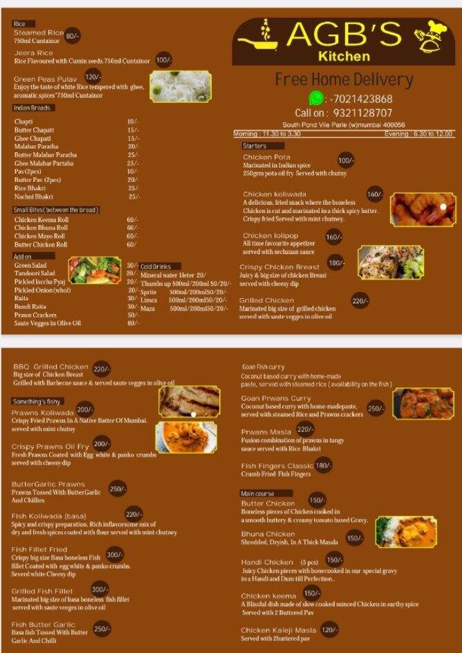 Menu of AGB's Kitchen, Vile Parle West, Mumbai