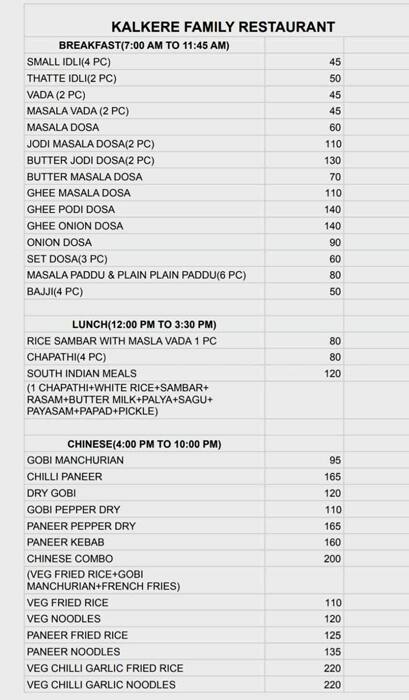Menu of Kalkere Family Restaurant, Rammurthy Nagar, Bangalore