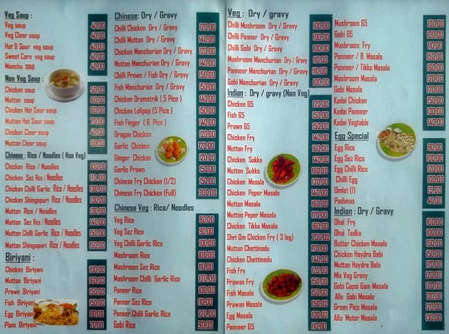 Menu at Hotel Shri Om, Chennai