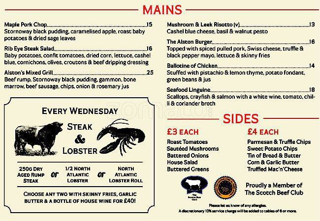 Menu at Alston Bar & Beef, Glasgow, Unit 19