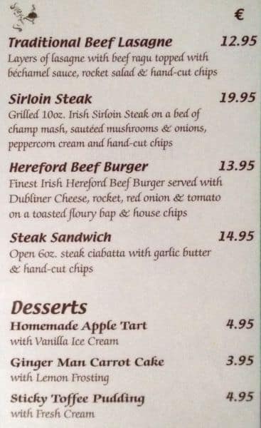 Menu at The Ginger Man pub & bar, Dublin