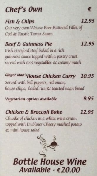 Menu at The Ginger Man pub & bar, Dublin